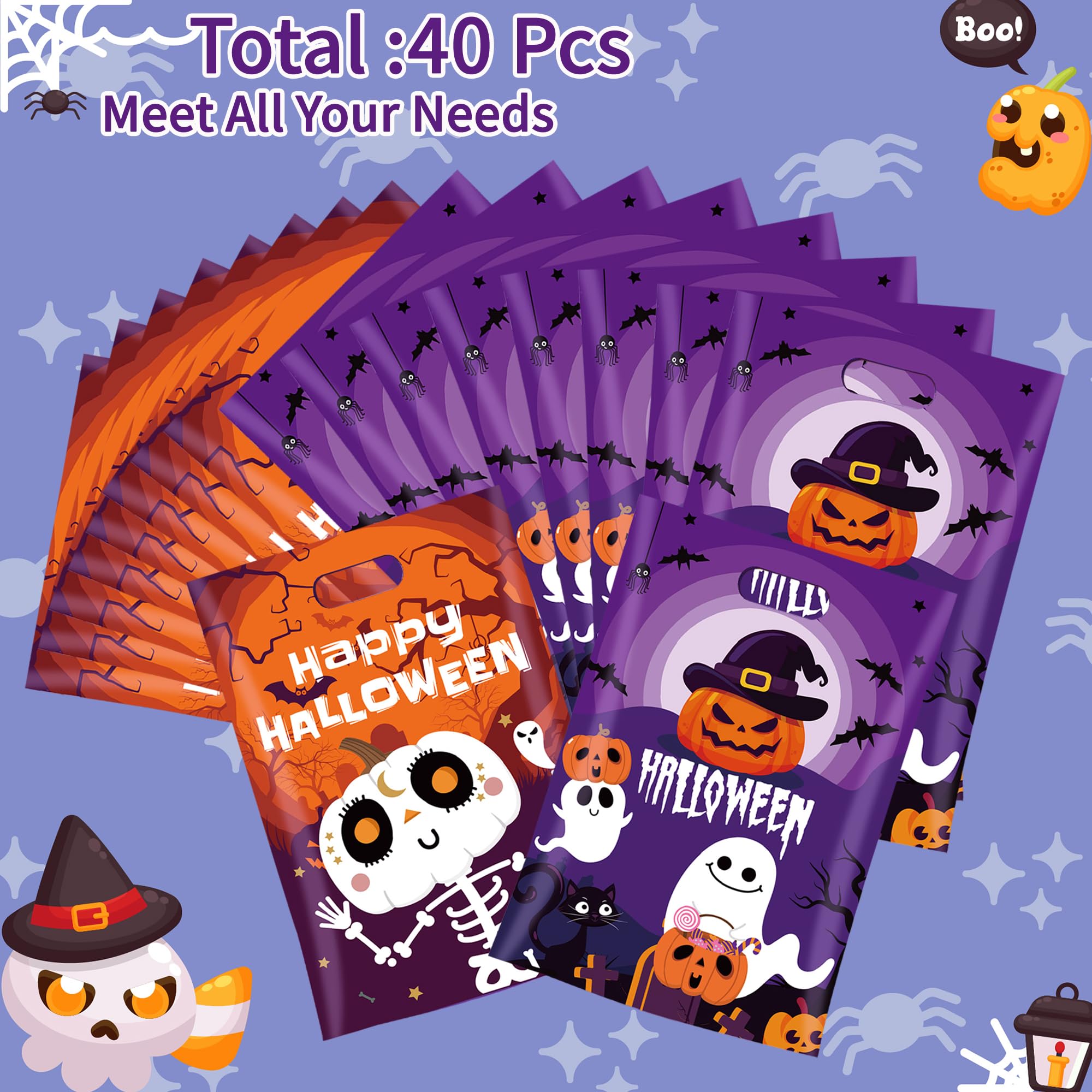 MOSHAKALA 40 Pcs Halloween Treat Bags with Handles-Trick or Treat Halloween Goodie Bags, Cute Ghost Pumpkin Halloween Plastic Candy Bags for Halloween Party Favors Supplies (Halloween)