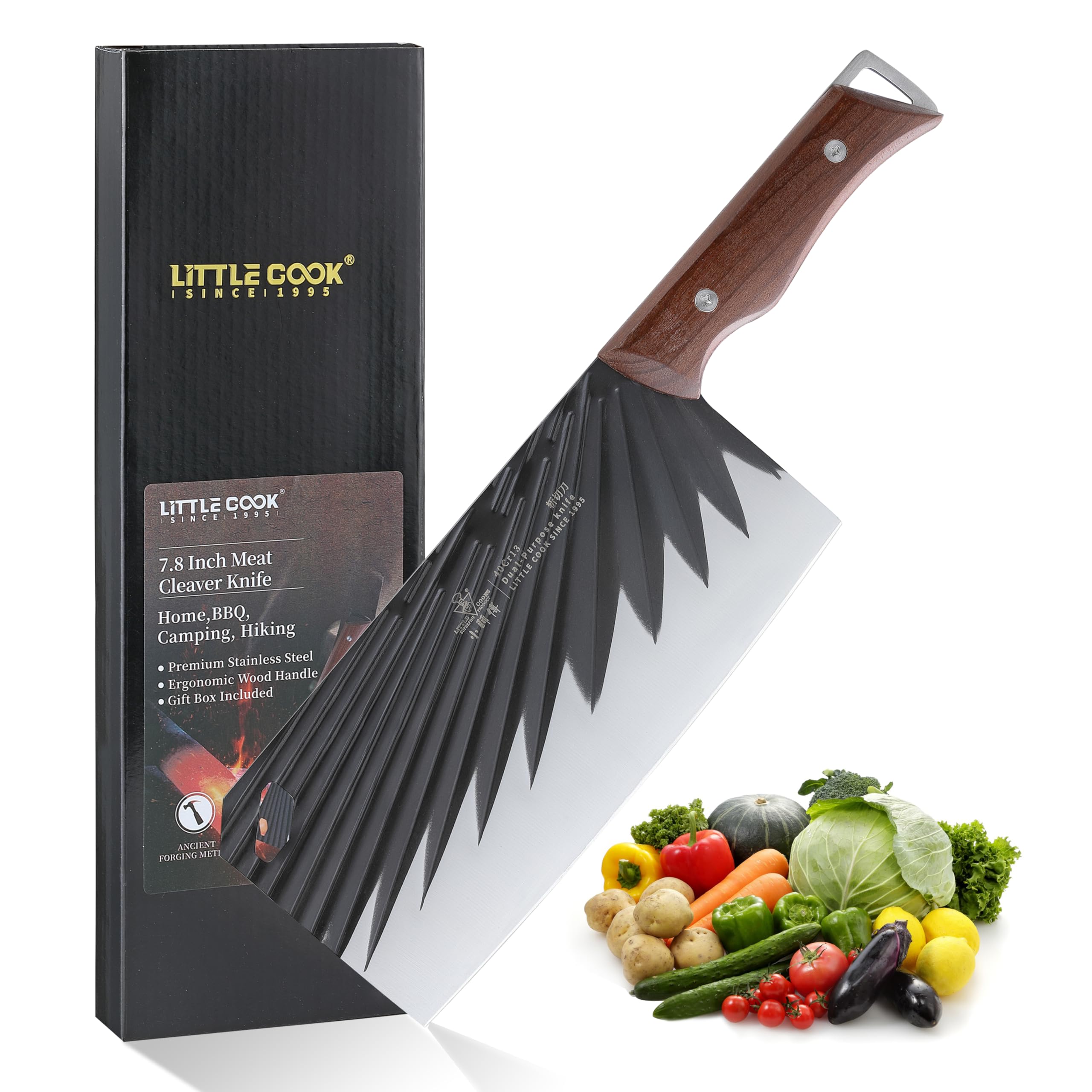 7.8 inch Meat Cleaver Knife, Little Cook High Carbon Stainless Steel Butcher Knife with Wooden Handle, Chinese Cleaver for Meat Cutting Vegetable Slicing, Gift Box Included