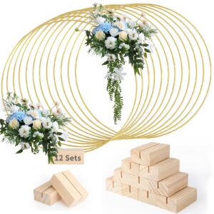 hviiso 12 pcs 12 inch floral hoop centerpiece table decorations - gold wedding party centerpieces with natural wood base, metal wreath ring stand for balloon and flower decoration