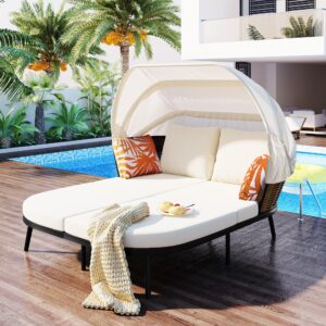 ruisisi 74.8”l patio daybed with retractable canopy, outdoor rattan pe wicker back loveseat sofa set with throw pillows and cushions for backyard, poolside, garden, beige