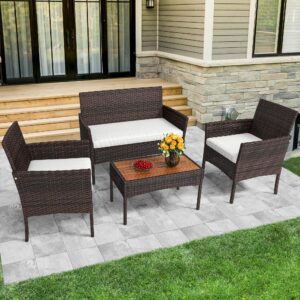 YITAHOME 4-Piece Patio Bistro Set, All-Weather Outdoor Patio Furniture Rattan Wicker Loveseat Conversation Set with Wooden Side Table and Soft Cushions, Brown+Beige