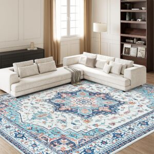 art&tuft area rugs 8x10, machine washable rugs 8x10 - stain resistant large living room rug, low pile no slip 8x10 area rugs for bedroom, living room, kitchen, office, blue