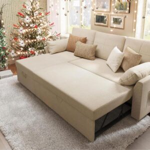 AMERLIFE Sofa Bed, 2 in 1 Pull Out Sleeper Sofa with Storage Chaise, Comfy Sofa Sleeper with Pull Out Bed for Living Room, Beige Chenille