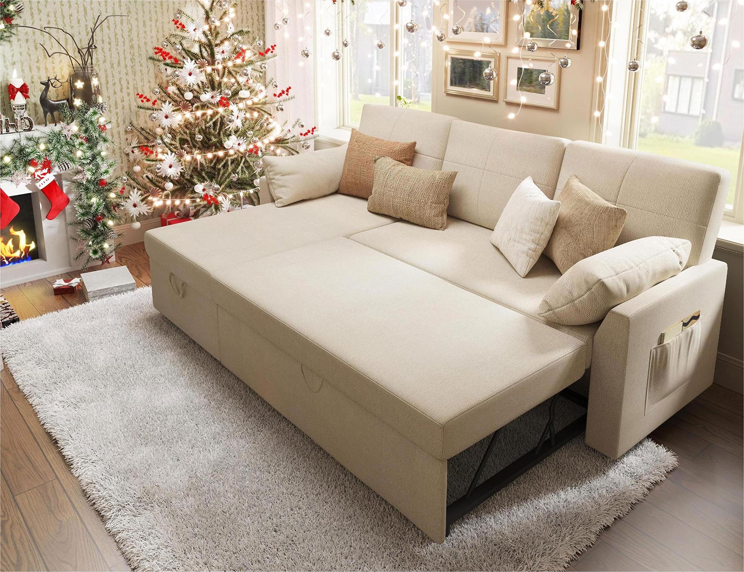 AMERLIFE Sofa Bed, 2 in 1 Pull Out Sleeper Sofa with Storage Chaise, Comfy Sofa Sleeper with Pull Out Bed for Living Room, Beige Chenille