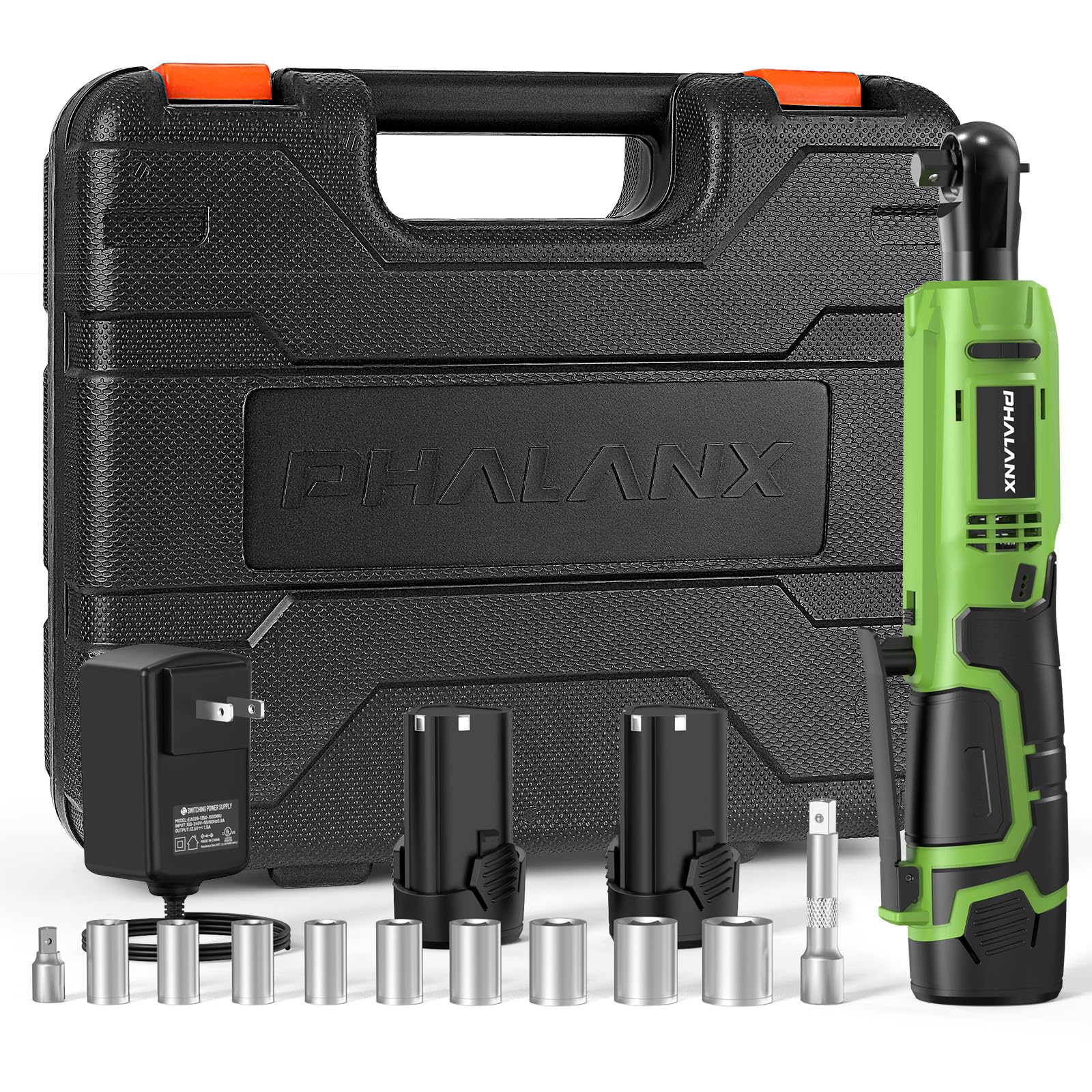 PHALANX Cordless Electric Ratchet Wrench Set, 50N.m/40Ft-lbs, 3/8" 12V Power Ratchet Tool Kit with 2 Packs 2000mAh Lithium-Ion Batteries and Fast Charger, Variable Speed Trigger, 9 Sockets