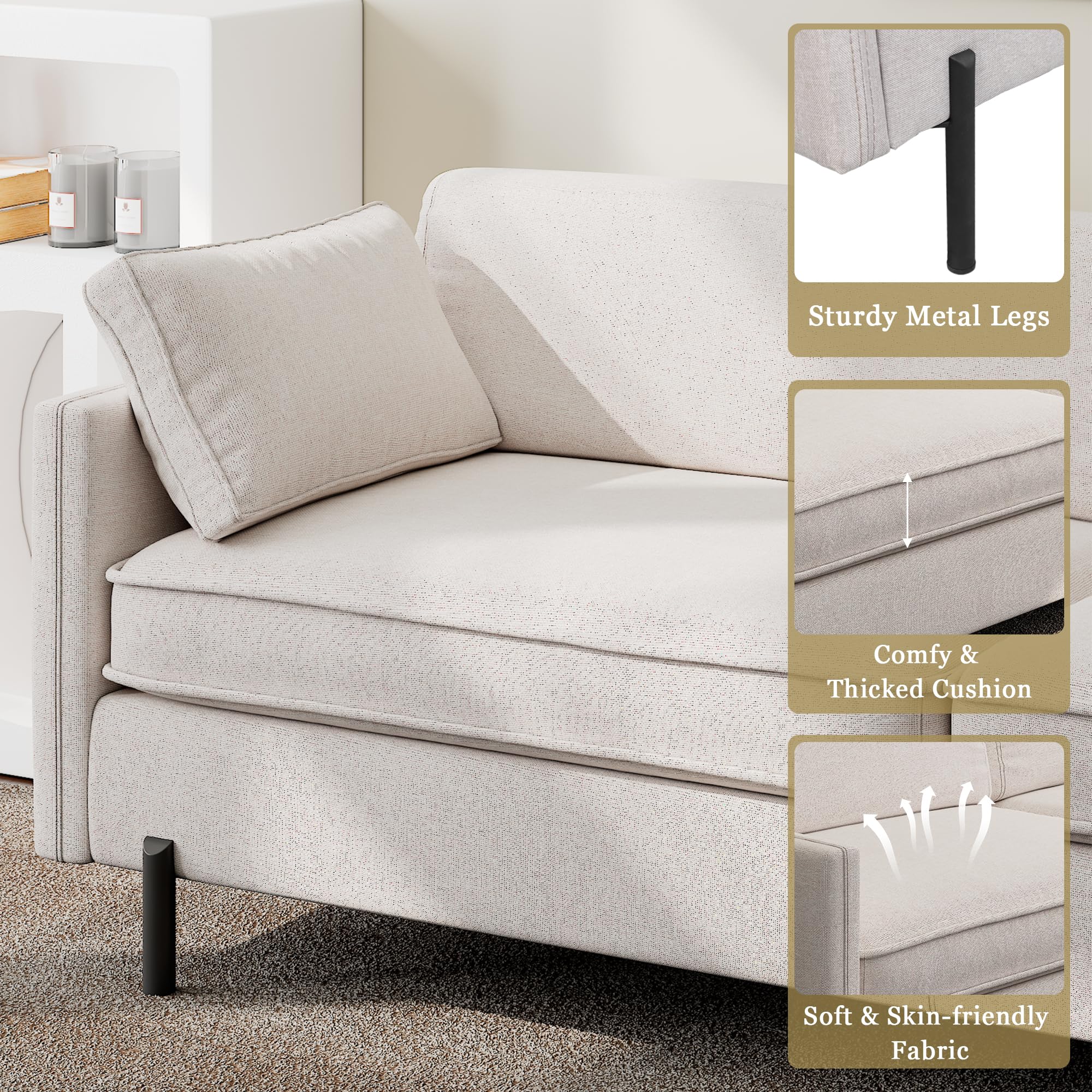 MULEJYBO 79" Comfy Sofa with 2 Pillow, Modern 3 Seater Linen Sofa Couch, Solid Wood Frame & Metal Legs, Perfect for Living Room, Bedroom, for Small Space, Sturdy & Durable, Easy Assembly, Beige