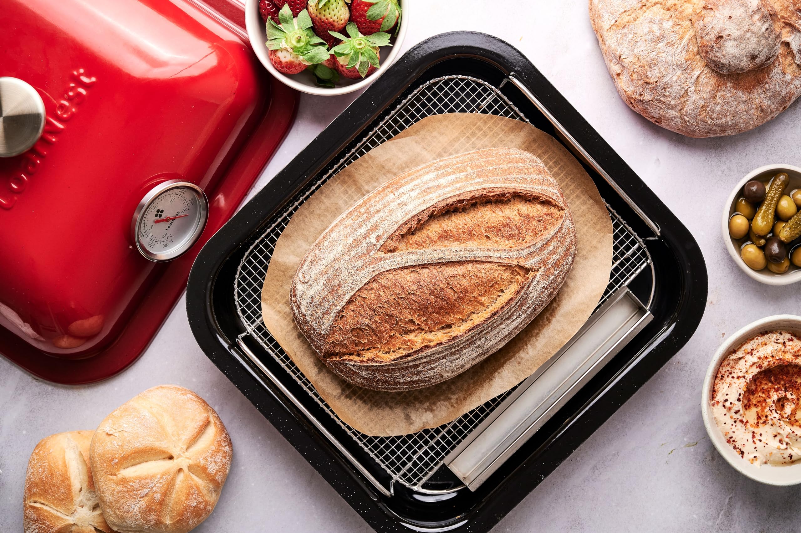 LoafNest inTune Precision Baker : 9 qt (4+5) Multipurpose Baking Dish and Cloche with Built in Oven Thermometer and Water Tray