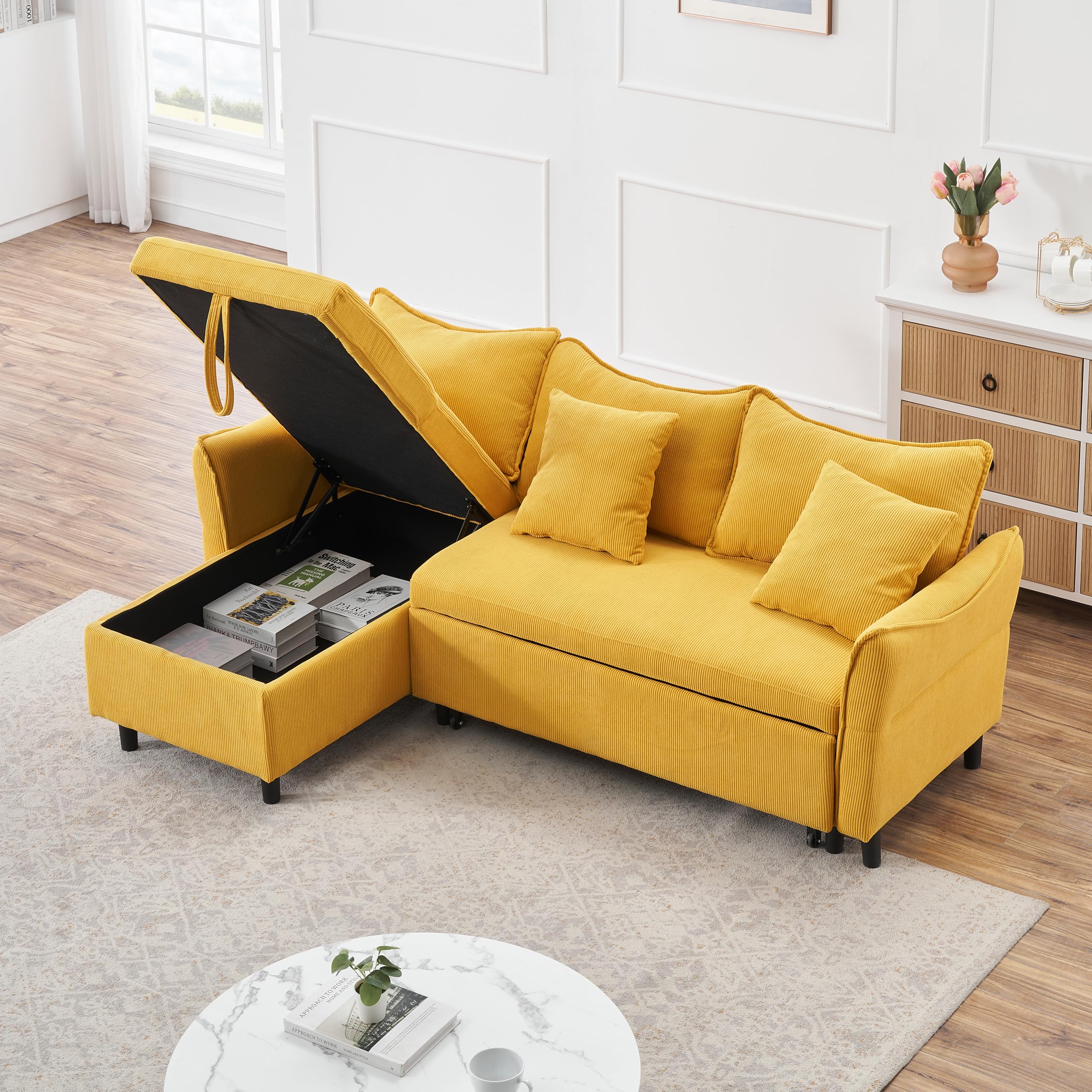 SmartEdge 80'' Convertible Sleeper Sectional Couch 3 Seater Reversible L Shaped Sleeper Sofa with Storage Chaise, Comfy Corduroy Upholstered Corner Sofa Couches for Living Room, Yellow