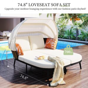 RuiSiSi 74.8”L Patio Daybed with Retractable Canopy, Outdoor Rattan PE Wicker Back Loveseat Sofa Set with Throw Pillows and Cushions for Backyard, Poolside, Garden, Beige