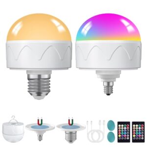 2pack rechargeable light bulbs with remote e26/e12 battery operated light bulb 2200mah, 3 color temperatures/timer/dimmer/color changing puck lights with remote, cordless light bulb for non-hardwired