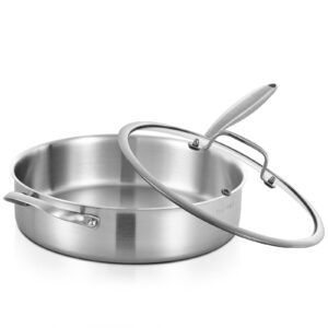 inqibee 6 qt tri-ply stainless steel sauté pan with lid, 12 inch induction deep frying pan, large skillet,jumbo cooker, dishwasher and oven safe,detachable handle.