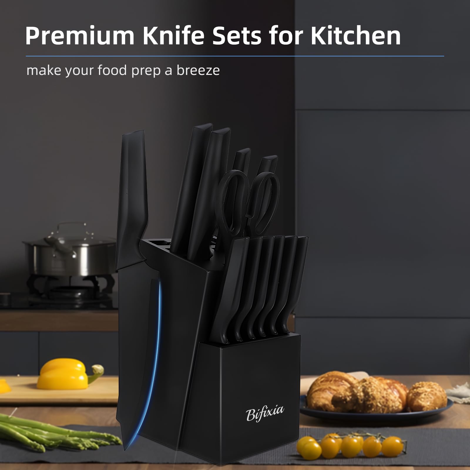 Knife Sets for Kitchen with Block, Bifixia 15 Pcs Knife Block Set with Built-in Sharpener, Dishwasher Safe, Anti-slip Handle, Knife Set with 6 Pcs Bonus Forks, Bronze Black