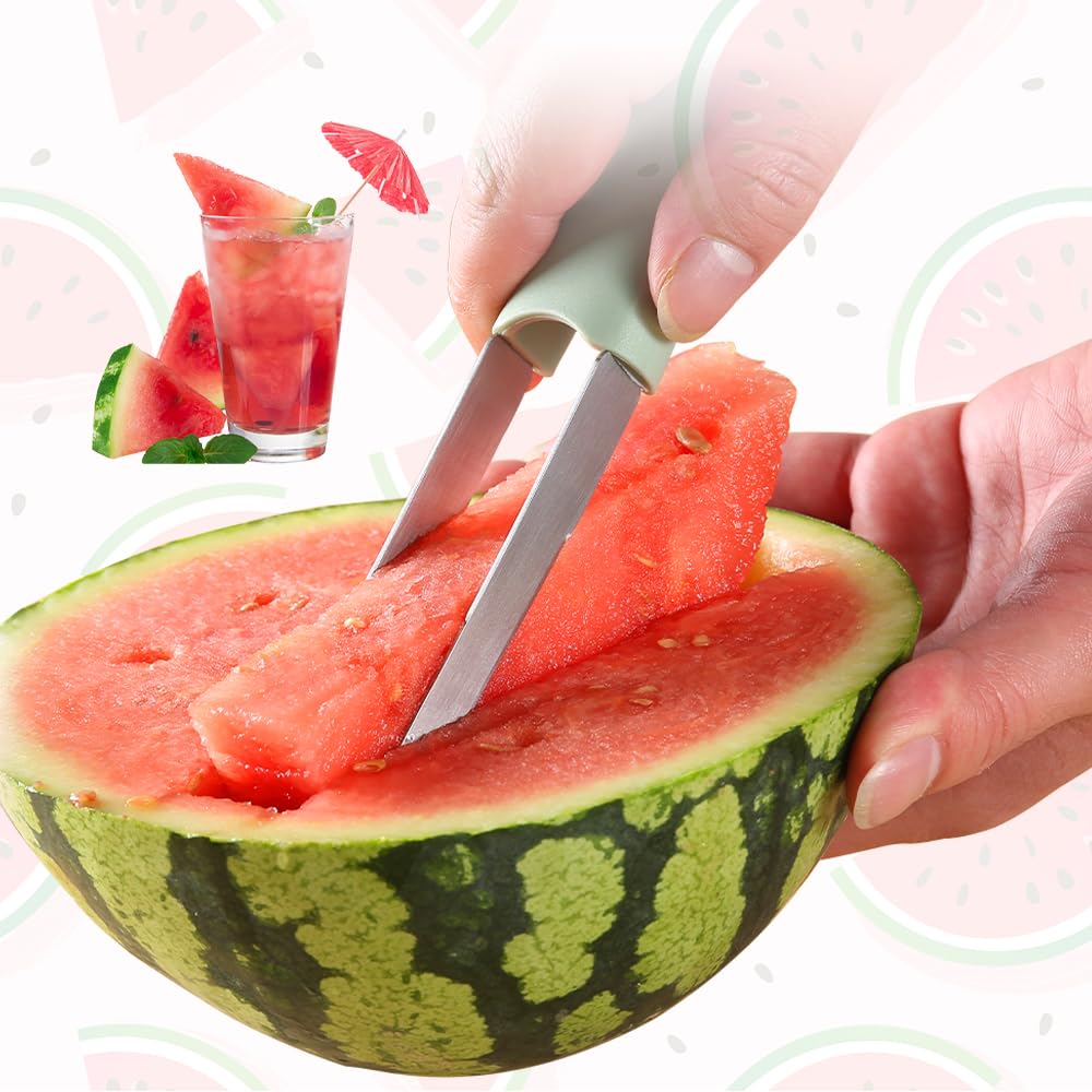 3 in 1 Watermelon Fork Slicer Cutter, 2024 New Summer Watermelon Cutting Tool, Stainless Steel Watermelon Popsicle Cutter Melon Cutter Knife Portability Fruit Fork for Kitchen Gadgets (Green)