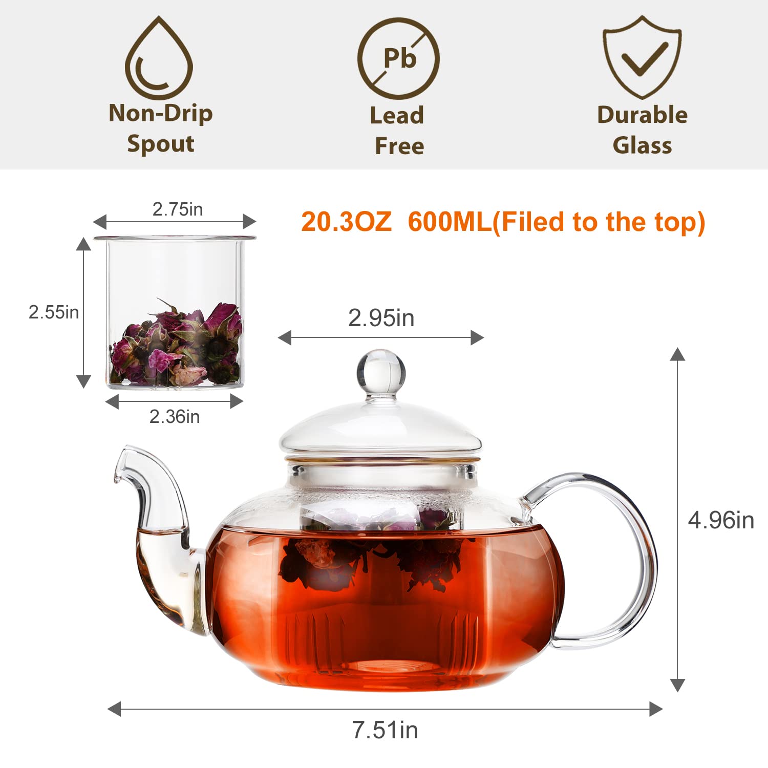 CNGLASS Glass Teapot Set,20oz Clear Tea Pot with 4 Double Wall Teacups,Stovetop Safe Tea Kettle,Blooming Loose Leaf Tea Maker Gift,Microwave Dishwasher Safe