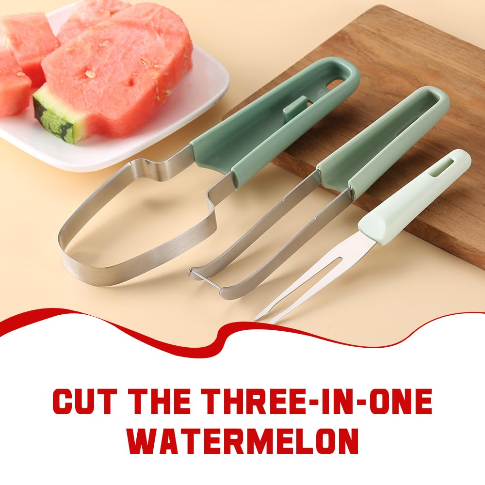 3 in 1 Watermelon Fork Slicer Cutter, 2024 New Summer Watermelon Cutting Tool, Stainless Steel Watermelon Popsicle Cutter Melon Cutter Knife Portability Fruit Fork for Kitchen Gadgets (Green)