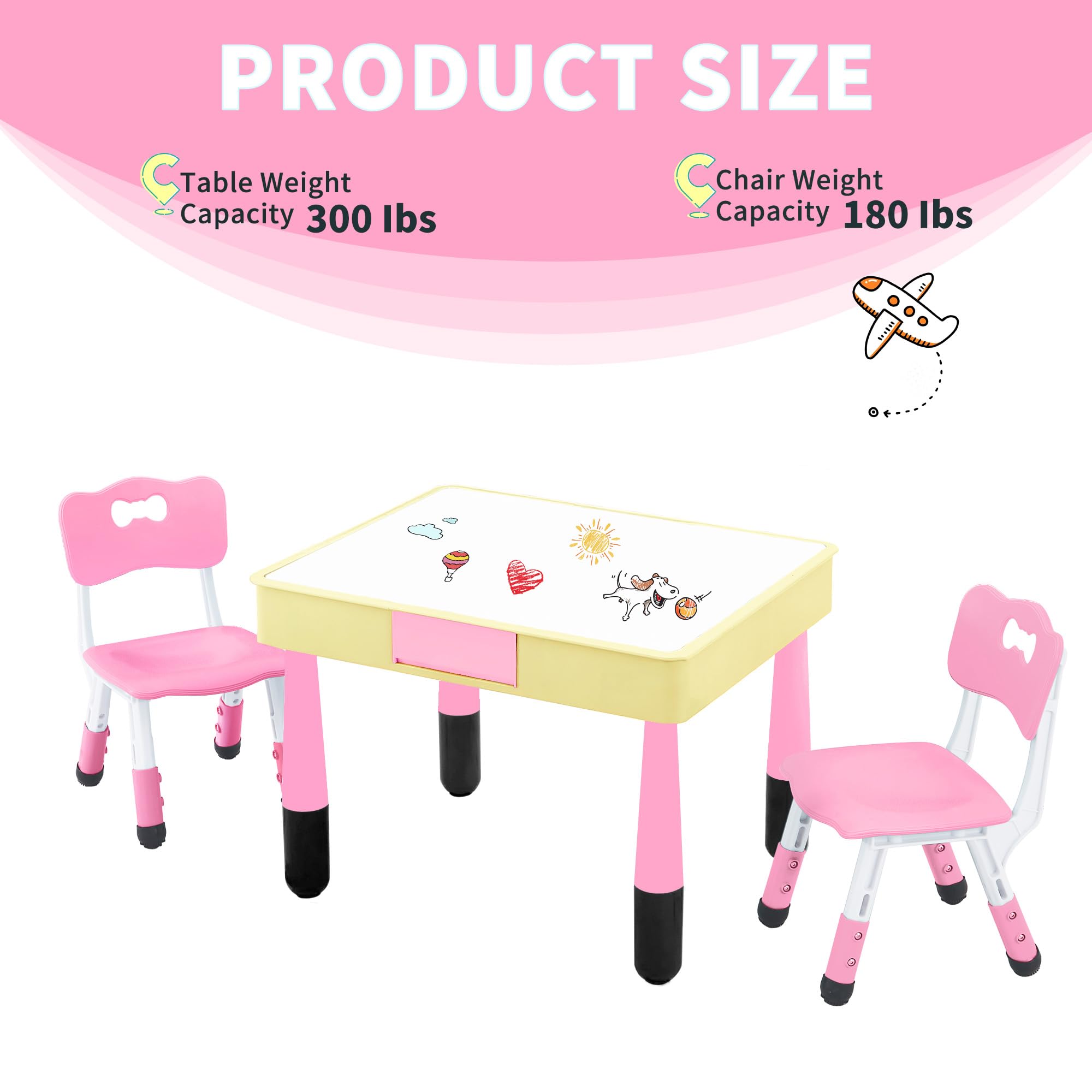 GITAWUSA 4 in 1 Kids Table and Chairs Set, Toddler Table and Chair Set for Kids Ages 3-10, 29.5" L x 23.6" W Activity Table w/Storage, Graffiti & Building Blocks Double-Sided Tabletop, Lovely Pink