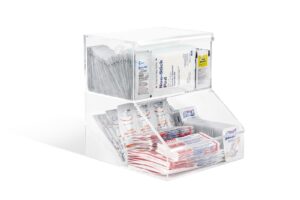 inevibe first aid storage holder - 2 compartment acrylic container w/lids for storing packets of alcohol wipes, bandages, ointment, burn cream, gauze pads for bathroom, kitchen & retail dispensing