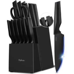 knife sets for kitchen with block, bifixia 15 pcs knife block set with built-in sharpener, dishwasher safe, anti-slip handle, knife set with 6 pcs bonus forks, bronze black