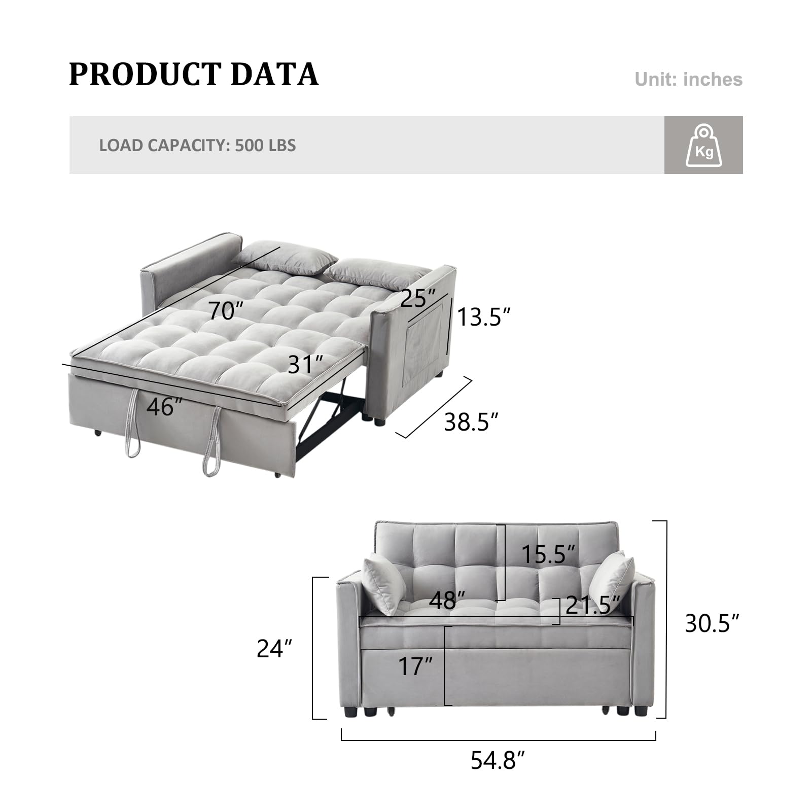 Hixkol Sleeper Sofa Bed, 3 in 1 Sofa Bed Pull Out Couch Bed with Adjustable Backrest, Modern Sofa Bed for Living Room, Convertible Sofa Bed for Bedroom. (Grey)