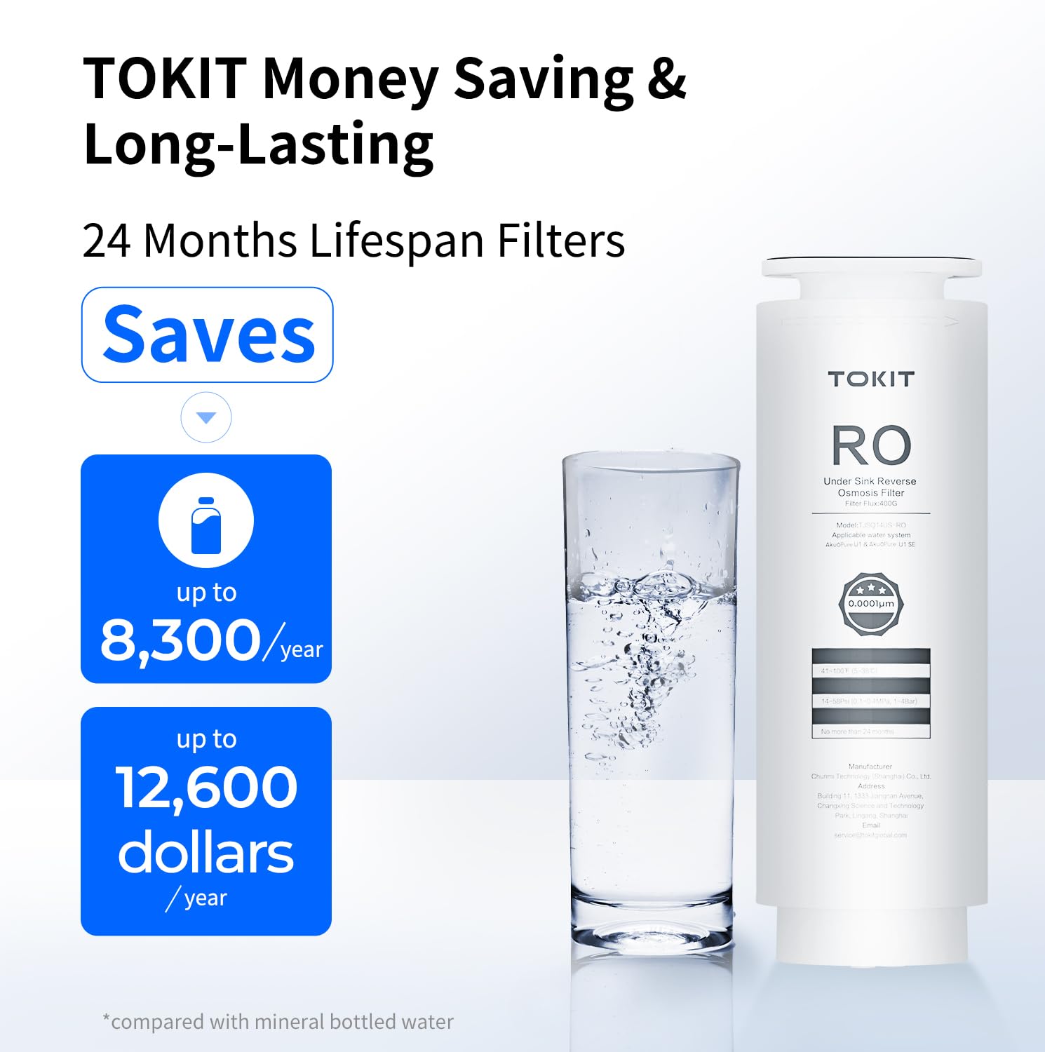 TOKIT Reverse Osmosis Water Filter, U1 Alkaline Mineral Under Sink Water Filter System, 400GPD Tankless RO Filtration with Faucet, NSF/ANSI 58, 2:1 Pure to Drain, Reduce TDS