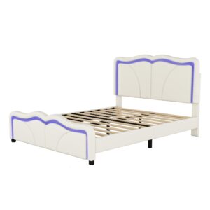 Full Size PU Upholstered Platform Bed,Bed Frame with LED Lights,Bedstead with Adjustable Headboard Height,Suitable for Kids Teenagers, Boys, Girls No Box Spring Needed, Easy Assembly (White, Full)