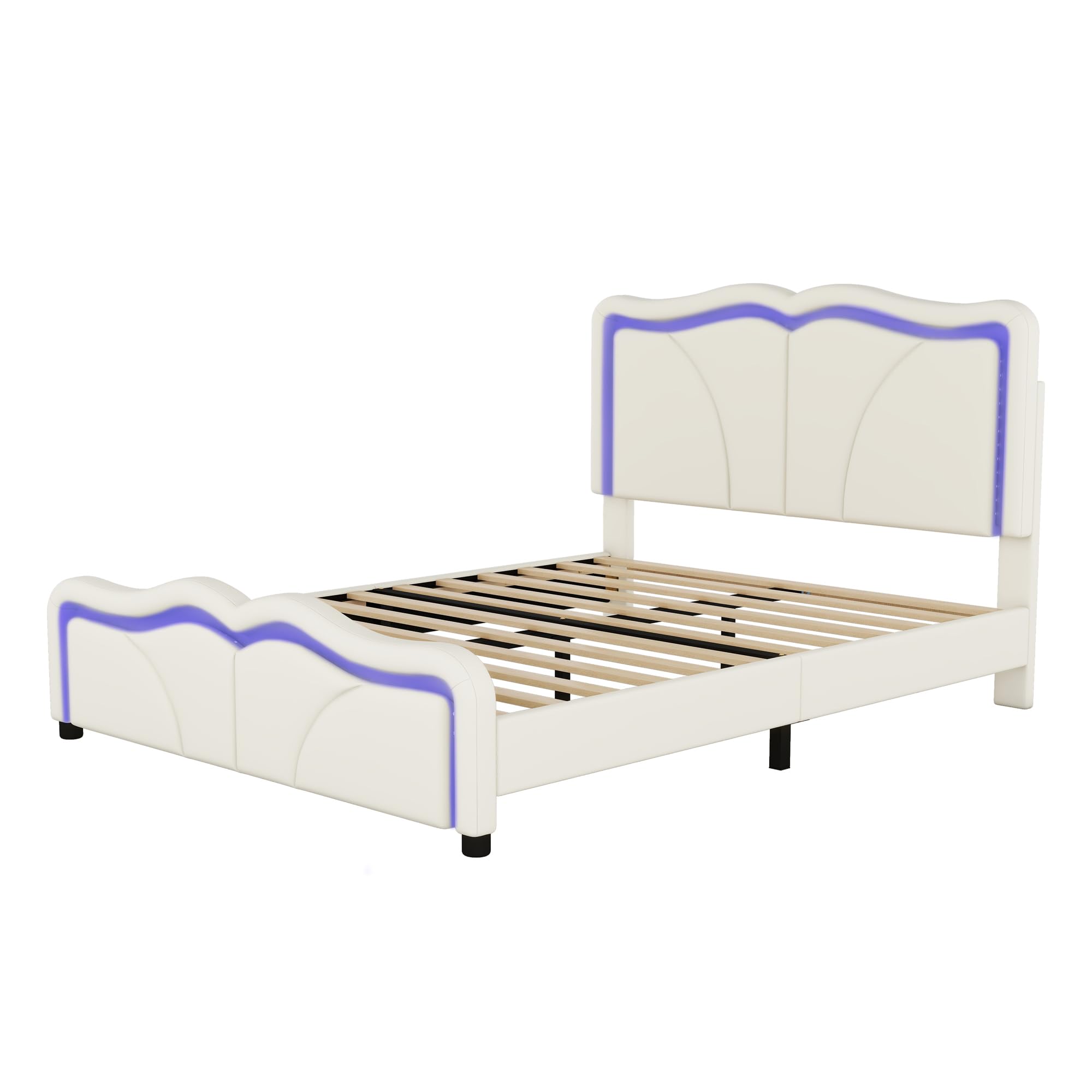 Full Size PU Upholstered Platform Bed,Bed Frame with LED Lights,Bedstead with Adjustable Headboard Height,Suitable for Kids Teenagers, Boys, Girls No Box Spring Needed, Easy Assembly (White, Full)