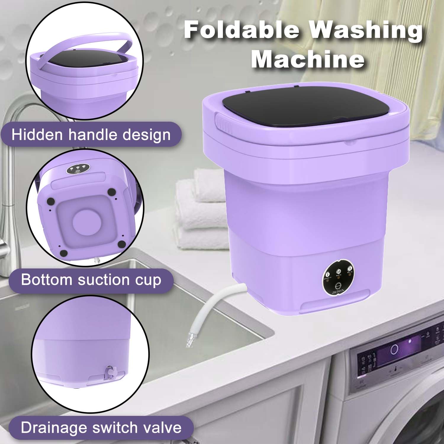 Portable Washing Machine, 12L Large Capacity Mini Washing Machine, Foldable Collapsible Washer and Dryer with Spin for Travel, Socks, Baby Clothes (Purple)