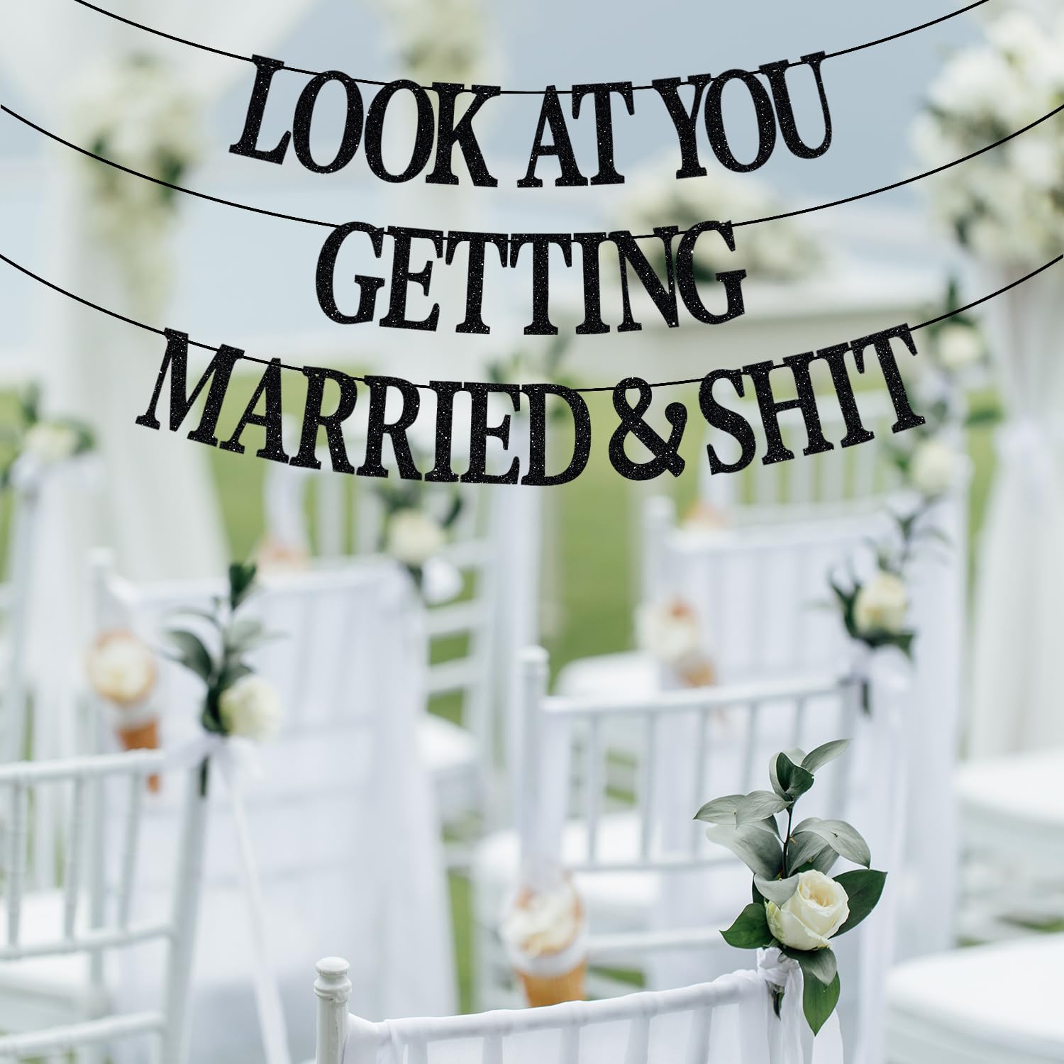 Look At You Getting Married & Shit Banner, Bachelorette Banner, Just Married Decor, Bridal Shower Wedding Engagement Party Decorations (Black Glitter)