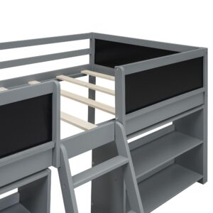 Twin Size Low loft Bed with Movable Shelves for Kids,Kids Low Loft Bed Frame with Guardrail Chalkboard and Storage,Solid Wood Loft Bed Twin for Boys,Girls(Gray)