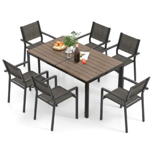 tangkula 7 piece outdoor dining set, patio furniture set w/ 6 stackable chairs & large rectangle table, dining table set for 6, backyard, porch, garden, poolside (gray)