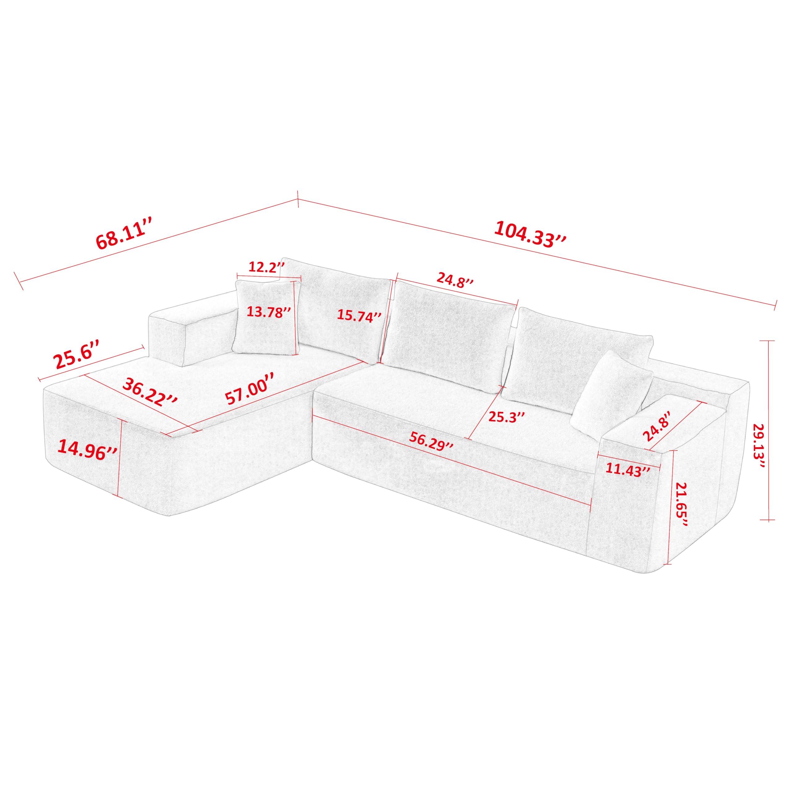 Tosaronia 104.3 X 68.11 Modern Modular Sectional Sofa with Sherpa Fabric, L Shape Sofa Couch with 5 Seats, Upholstered Couch with Right Chaise Sofa for Living Room, Office, Apartment(Orange)