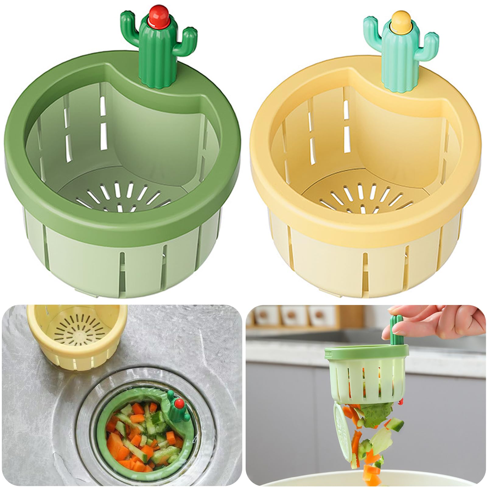 2Pcs Cactus Kitchen Sink Drain Strainer, Cactus Sink Filter Sink Strainer Basket Kitchen Sink Drain Basket Food Catcher Easy Lifting and Automatic Dumping Sink Filter