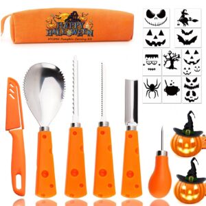 myjmn pumpkin carving tools knife, professional halloween pumpkin carving kit with stencils for adults carving heavy duty stainless steel carving knife set(16 carving kits)