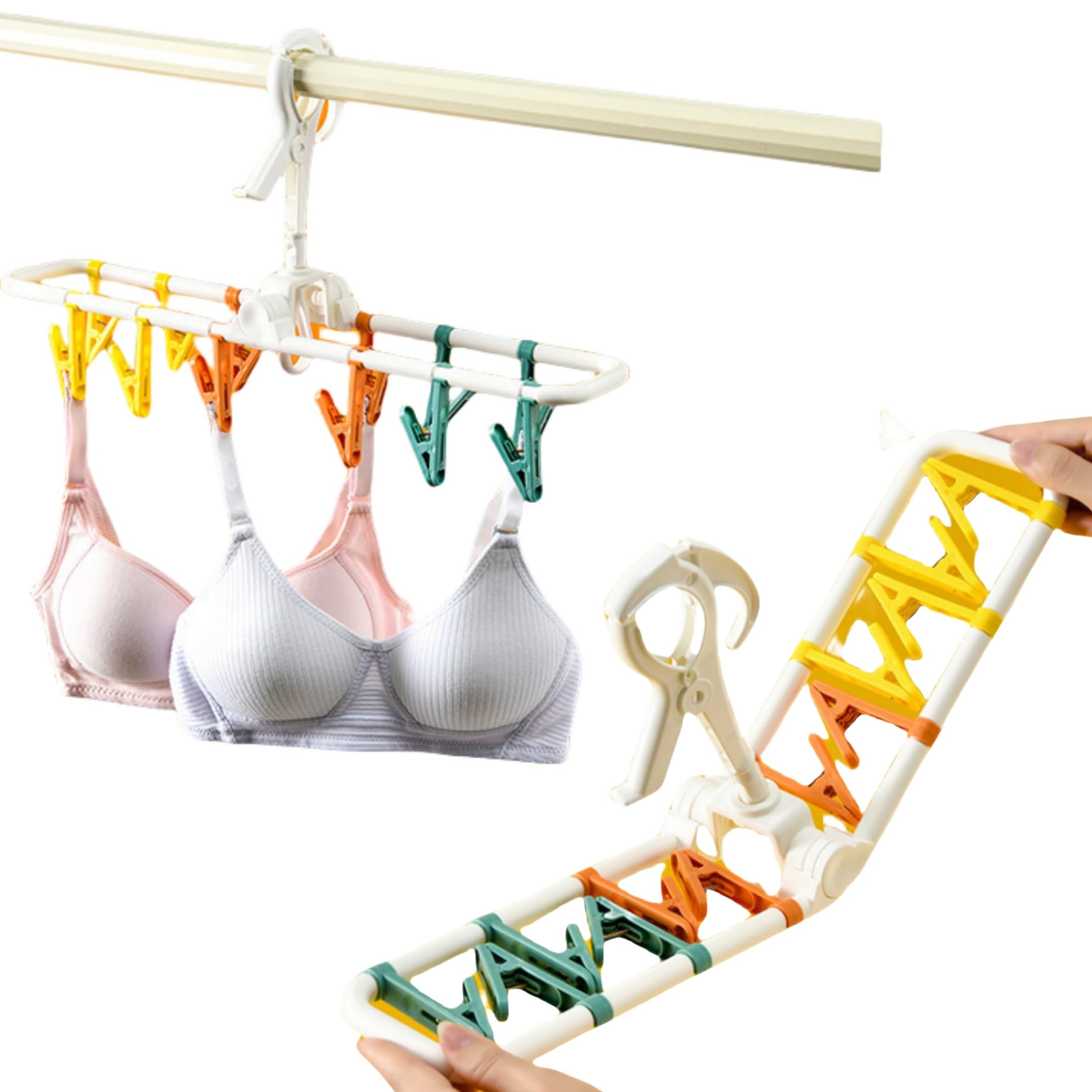 Trrcylp Clothes Drying Racks 2 Pack Collapsible Portable Lockable Underwear Hangers with 24 Clips Socks 360° Rotatable Windproof Hook for Drying Towels Bras Clothes Gloves Plastic White