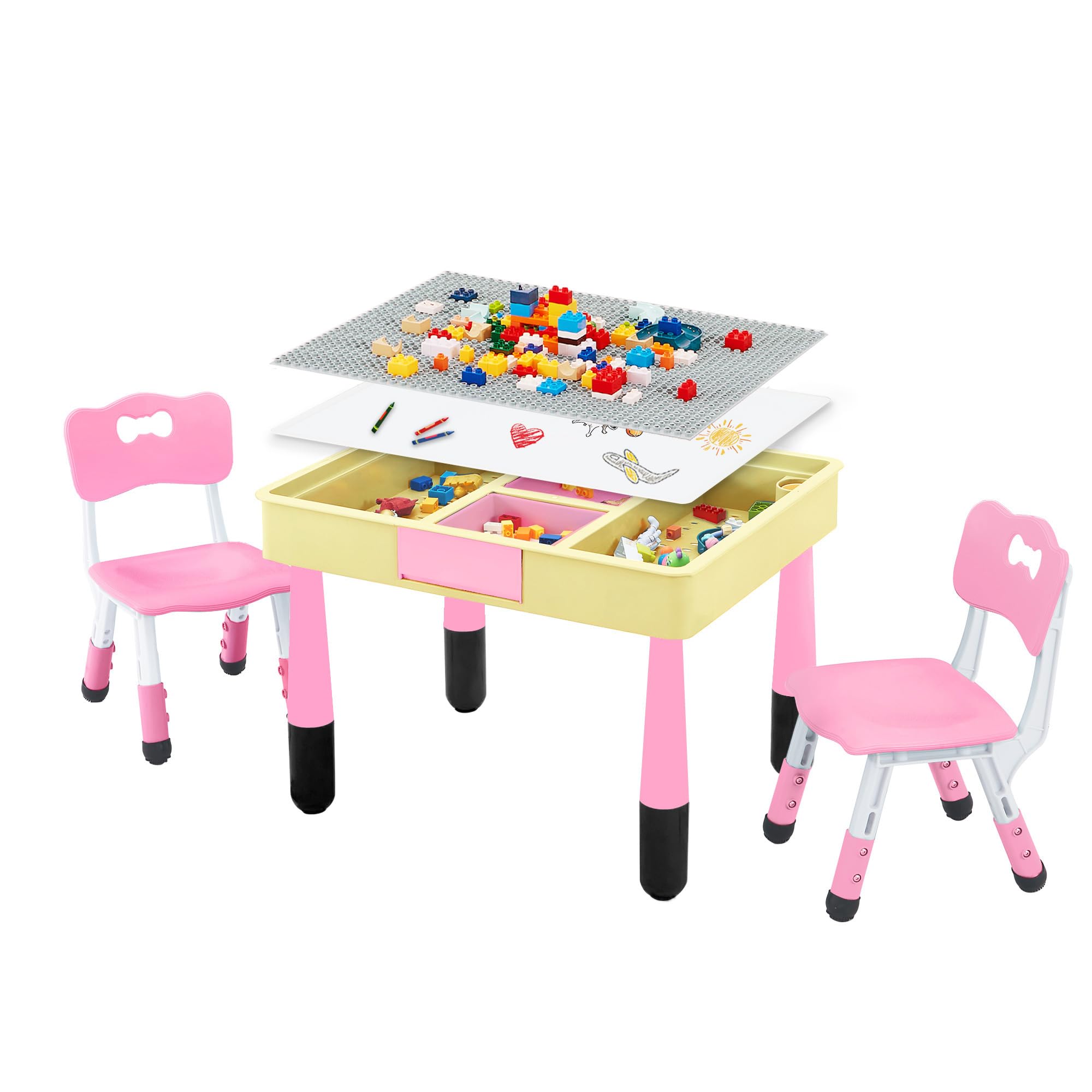 GITAWUSA 4 in 1 Kids Table and Chairs Set, Toddler Table and Chair Set for Kids Ages 3-10, 29.5" L x 23.6" W Activity Table w/Storage, Graffiti & Building Blocks Double-Sided Tabletop, Lovely Pink