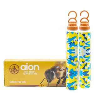 aion outdoor wasp, hornet & yellow jacket traps with natural bait attractant and hanging hooks for trapping flying insects or bugs, patio, camping, and backyard disposable catchers, 2 pack