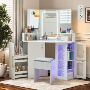 janflyhome vanity desk, 57" makeup vanity desk with mirror and lights, white vanity set with charging station & rgb cabinets, vanity table with storage stool, corner vanity desk for girls bedroom……