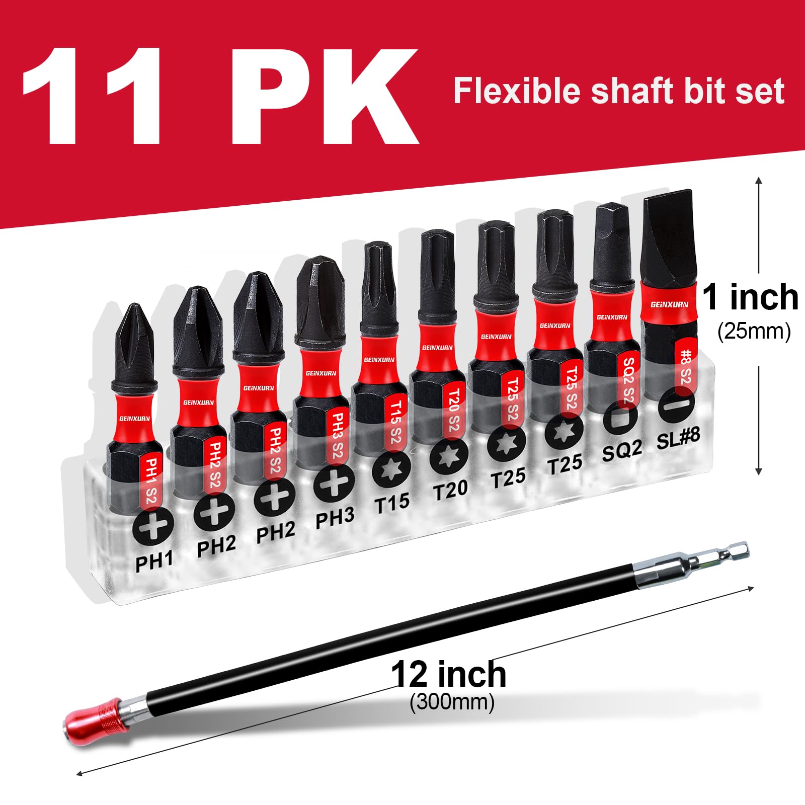 Geinxurn Flexible drill bit Extension Screwdriver Bit Holders, 1PACK 12Inches Flex Shaft Extension Socket Drill Bit Holder Hex Shank Quick-Change Drill Bit Guide with 10PC Screwdriver Bits