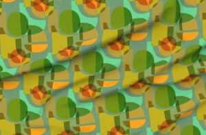 spoonflower fabric - green mid century retro 1960s gold atomic era 1950s vintage printed on essex linen fabric by the yard - sewing lining apparel fashion blankets decor