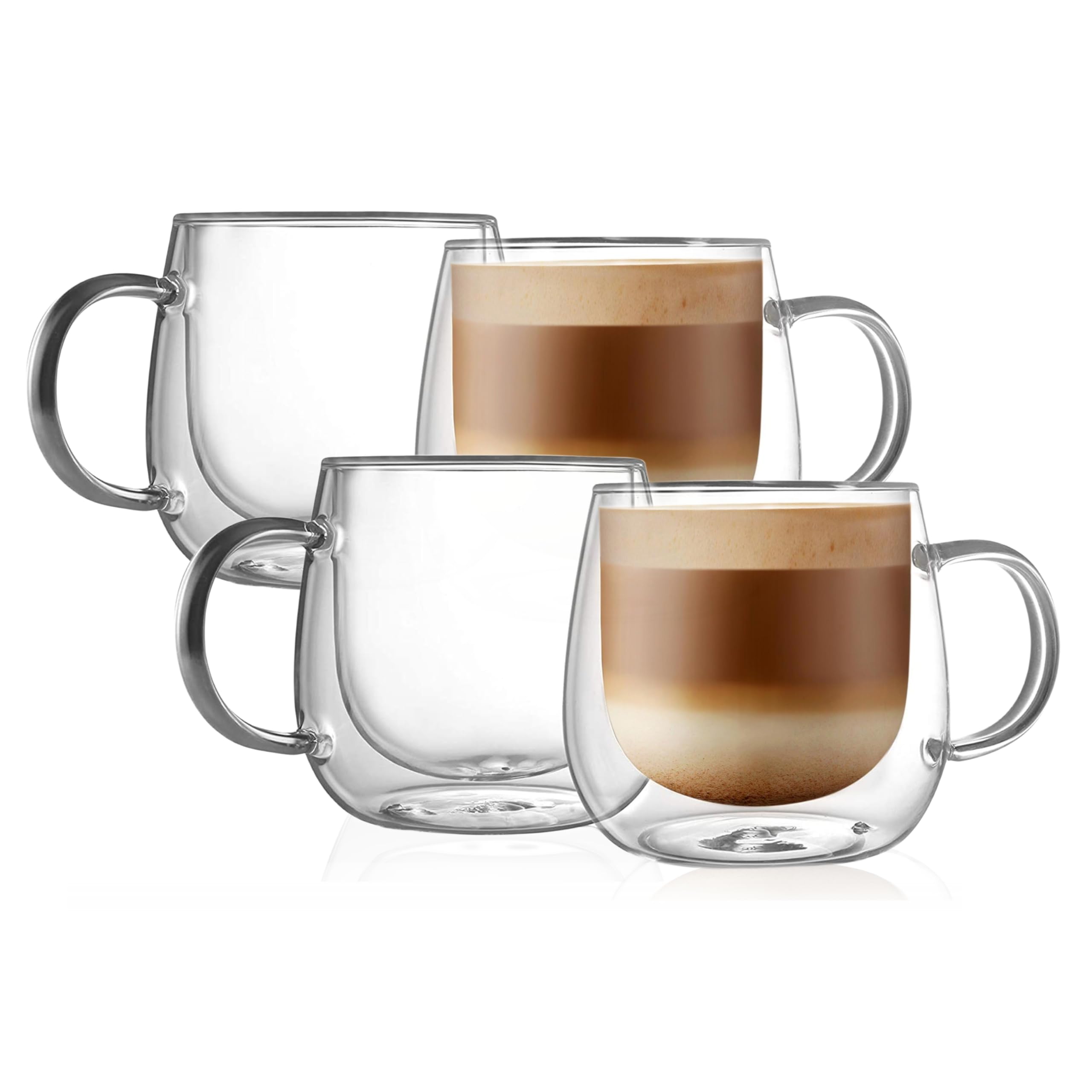 CNGLASS 16oz Double Walled Glass Coffee Mugs(4-pack),Large Clear Coffee Cups with Handle,Glass Espresso Mugs for Latte,Cappuccino,Tea