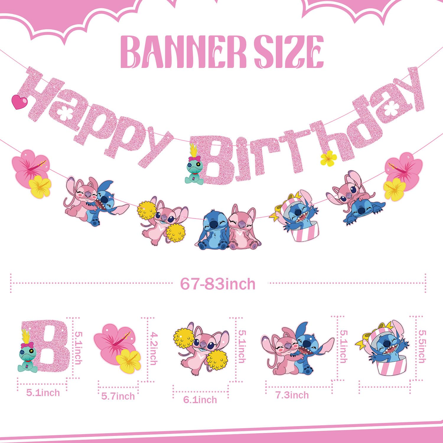 Pink Birthday Banner, Cartoon Happy Birthday banner Pink Cute Party Decoration for Girls Kids Birthday Party Baby Shower Cartoon Sign Decorations