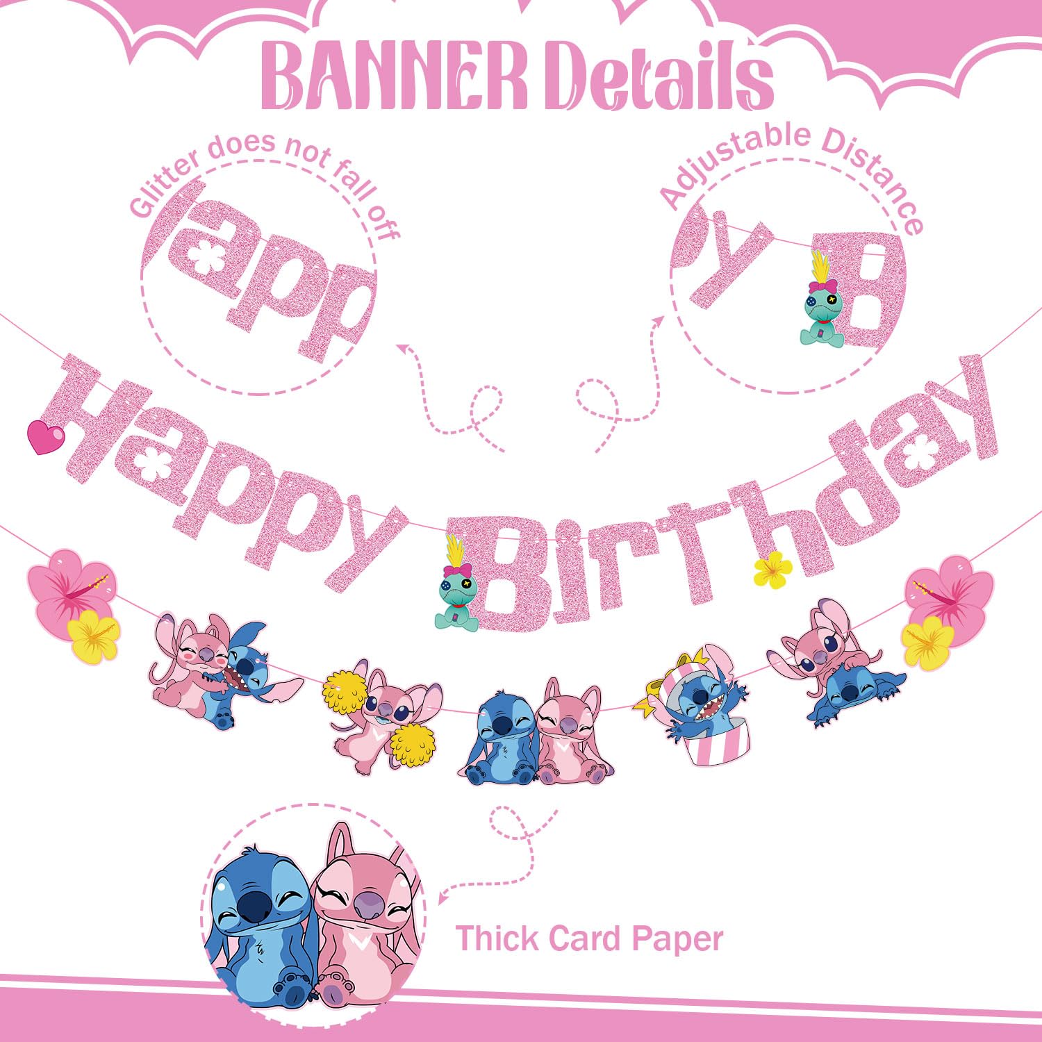 Pink Birthday Banner, Cartoon Happy Birthday banner Pink Cute Party Decoration for Girls Kids Birthday Party Baby Shower Cartoon Sign Decorations