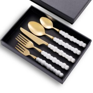 rosos pearl silverware set cutlery for 5 pcs, premium pearl ceramic handles knife forks and spoons silverware set for daily use and party, gold flatware set, silverware tableware set, white