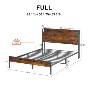 Full Size Bed Frame with Headboard and Storage Shelf, Metal Bed Frame with Charging Station(USB Port, Outlets), No Box Spring Needed, Noise Free, Full Bed Frame Rustic Brown (Rustic Brown, Full)