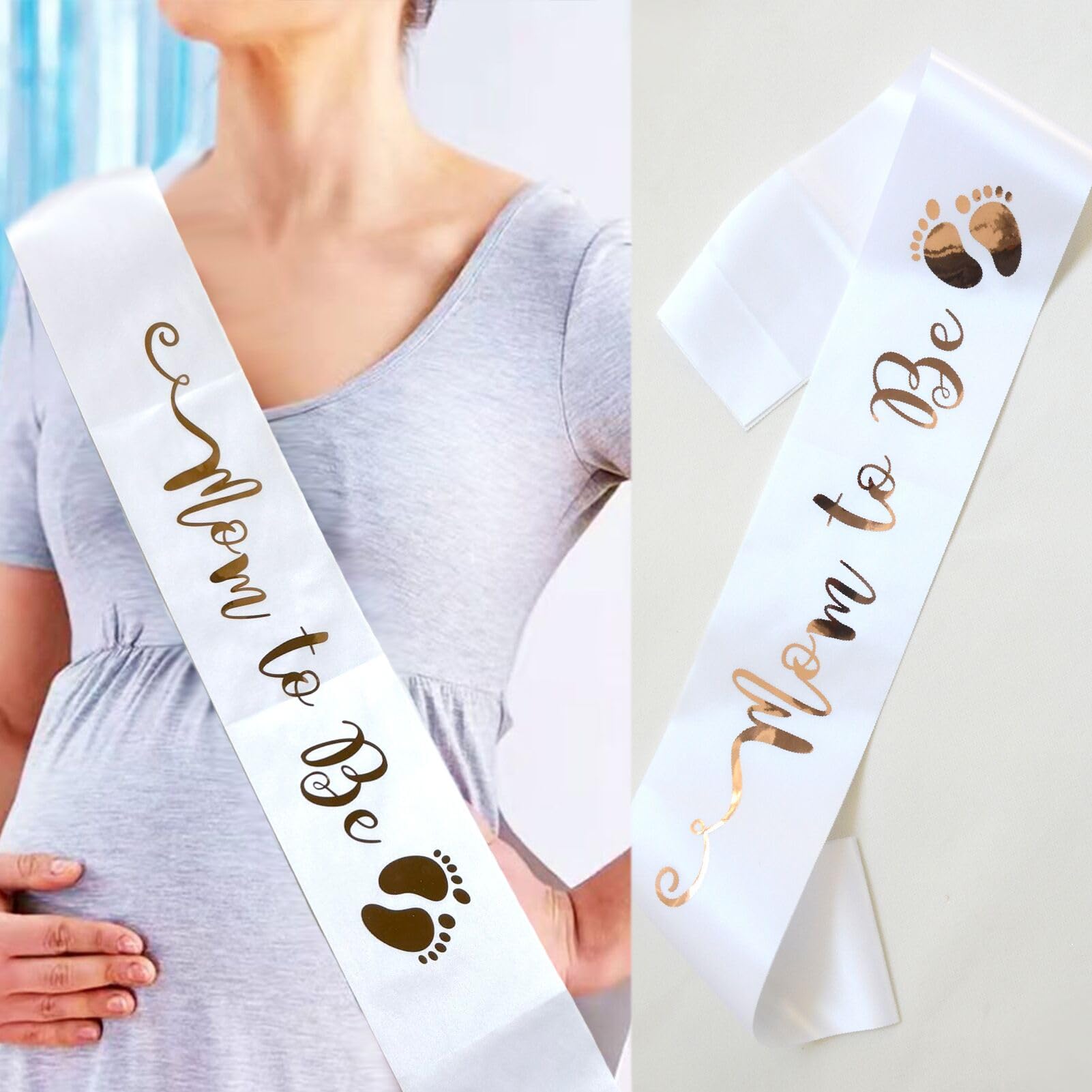 Luwigs Mom to Be Sash White Satin Sash with Gold Letter Best Baby Shower Mommy Decorations Mother Gifts Gender Reveal Welcome Baby (White)