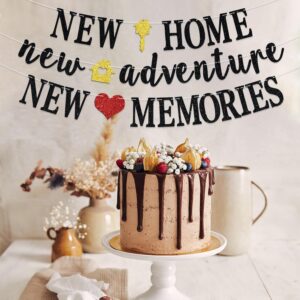 New Home New Adventure New Memories Banner, New Home New Chapter/Sweet Home/Our First Home Housewarming Party Backdrop, Pre-strung New Couple/Housewarming/Family Reunion Party Bunting Sign, Black Glitter