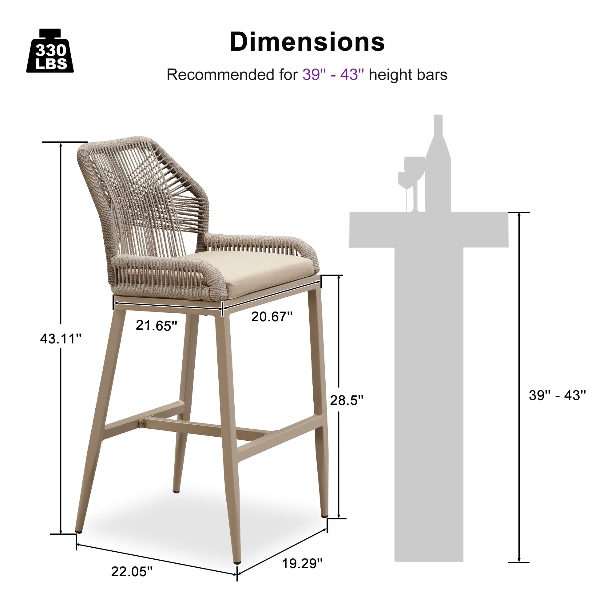 PURPLE LEAF Patio Sunbrella Bar Stools 28" H Set of 2 Handwoven Wicker Bar Height Stool Modern Aluminum High Bar Chairs Outdoor Wicker Barstools with Back and Cushion for Kitchen Pool Island