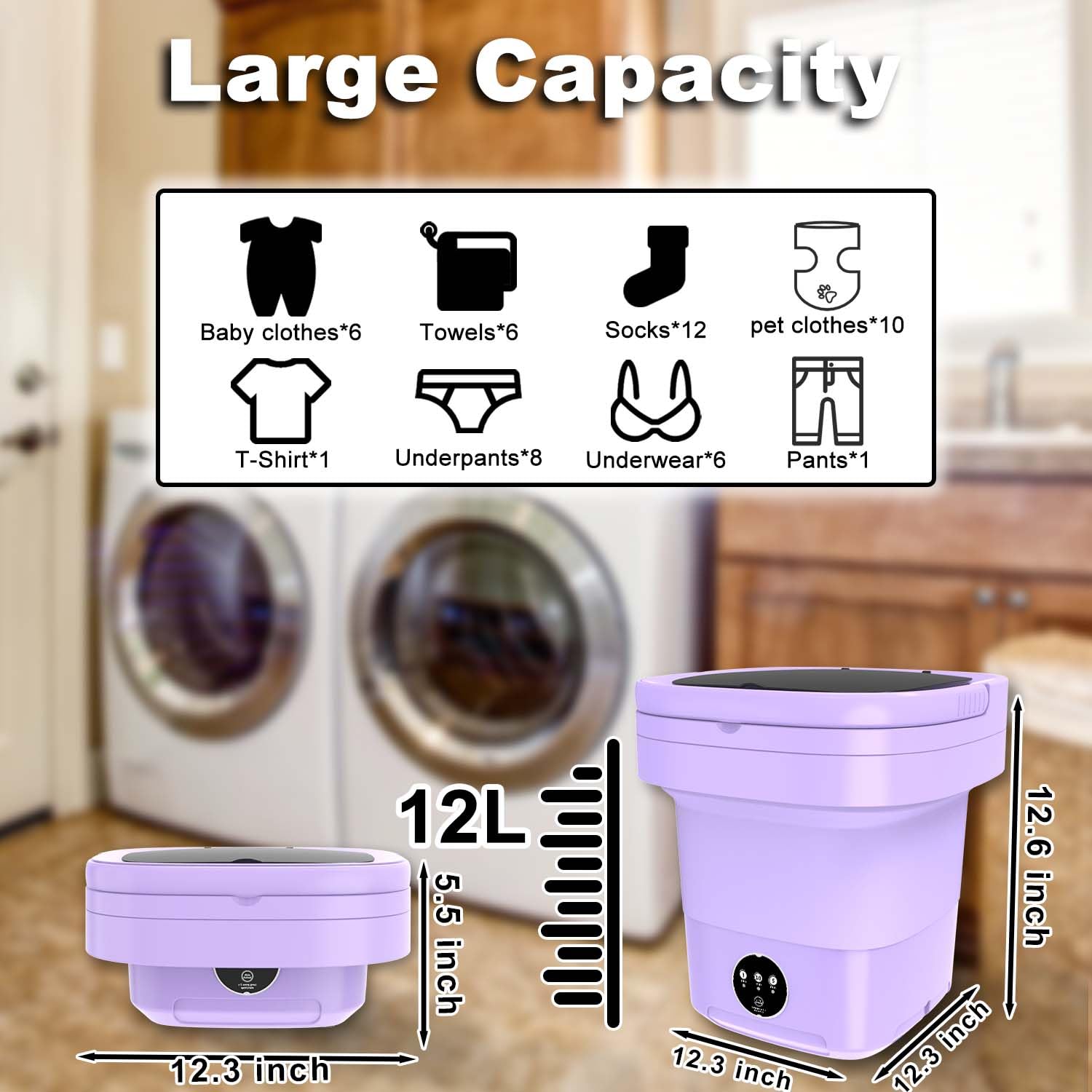 Portable Washing Machine, 12L Large Capacity Mini Washing Machine, Foldable Collapsible Washer and Dryer with Spin for Travel, Socks, Baby Clothes (Purple)