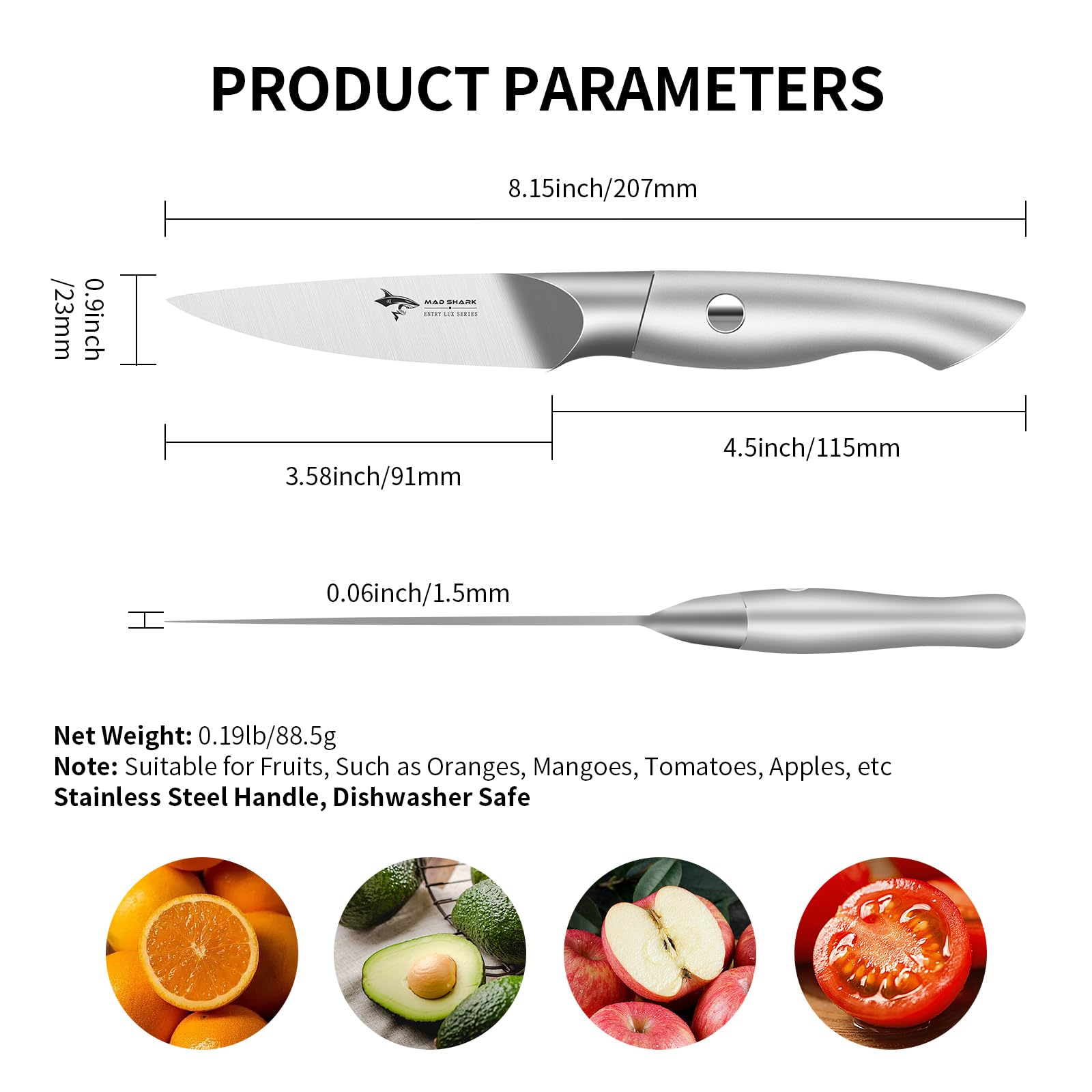 MAD SHARK Premium Paring Knife 3.5 Inch Small Kitchen knife, High-end Best Sharp Fruit Knife for Peeling and Coring, German Stainless Steel, Knife for Fruit, Paring Knives, Peeling knife - Silver