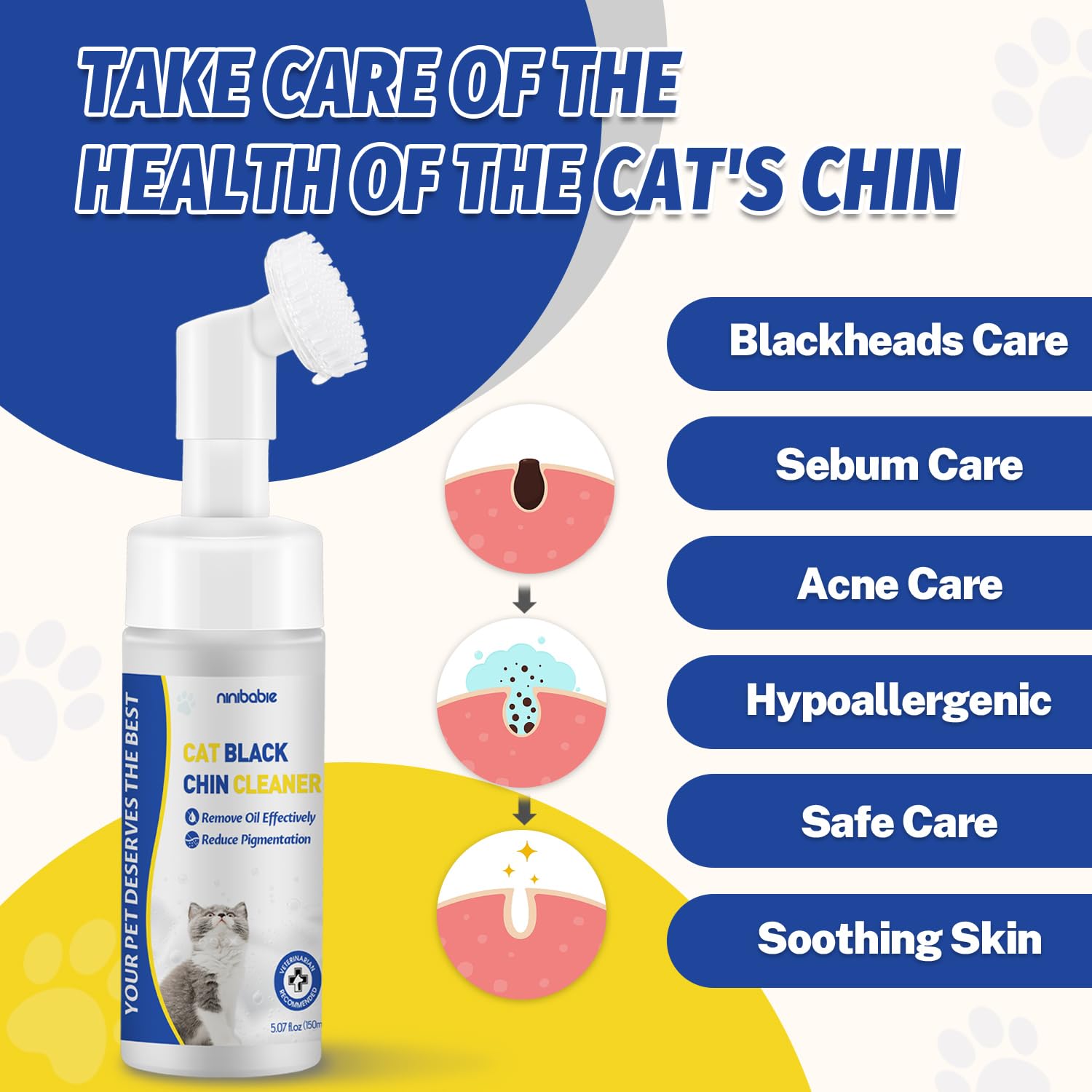 Ninibabie Cat Black Seed Cleaner,Remove Cat Chin Blackheads,Cat Acne Chin Treatment,2-in-1 Wash and Brush,Cruelty-Free and Freshness 5.07 fl.oz